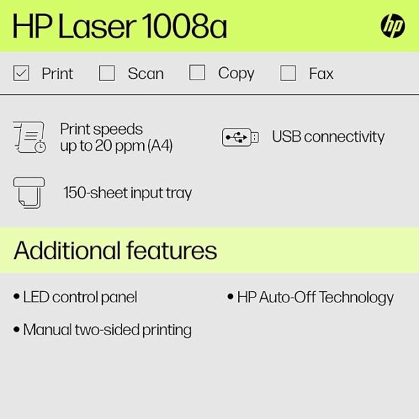HP Laser 1008a Printer, Single Function, Print, Hi-Speed USB 2.0, Up to ...